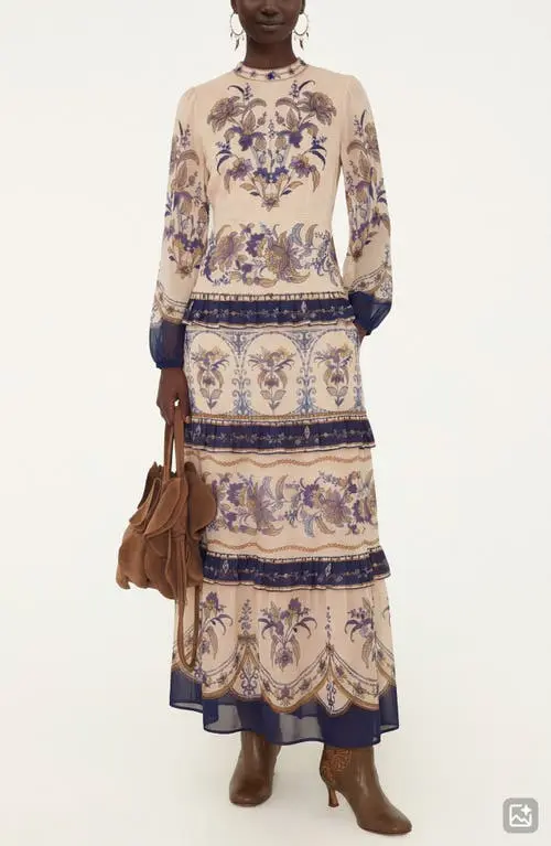Farm Rio Liz" Printed Maxi Dress With Mock Neck And Long Sleeves - Beige