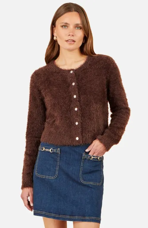 YUMI Eyelash Knit Sparkle-button Cardigan - Brown