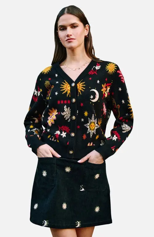 YUMI Cosmic Intarsia V-neck Cardigan - Black