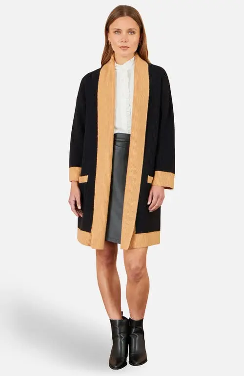 YUMI Longline Ribbed Border Open Cardigan - Black