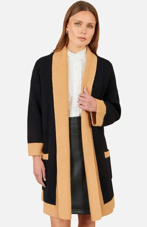 YUMI Longline Ribbed Border Open Cardigan
