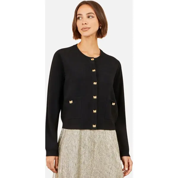 YUMI Bow Button Cardigan - Black