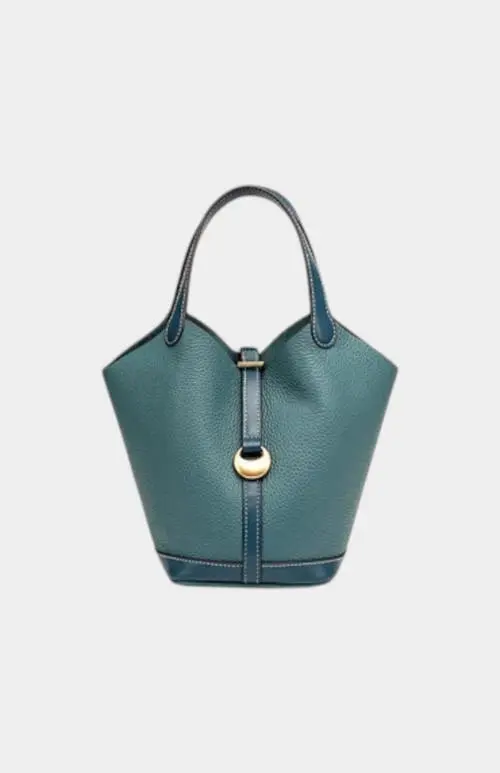 MI BOLSA LONDON Monaco Genuine Pebble Leather Bucket Bag - Blue
