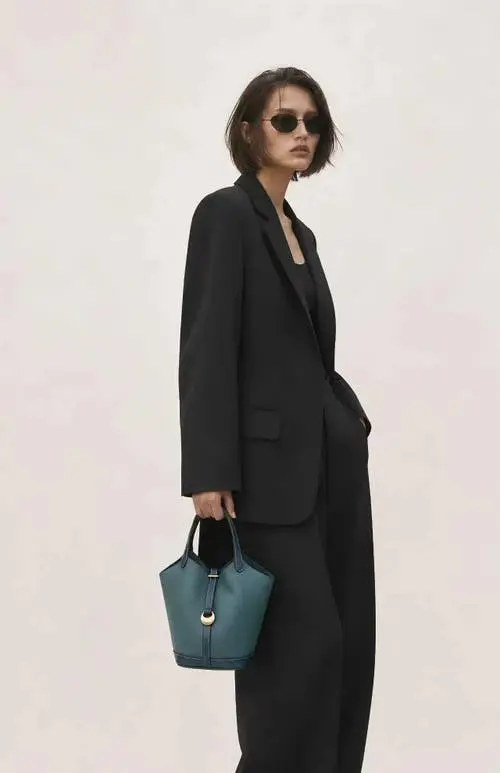 MI BOLSA LONDON Monaco Genuine Pebble Leather Bucket Bag - Blue