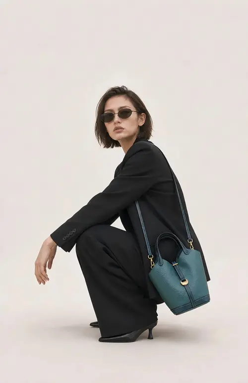 MI BOLSA LONDON Monaco Genuine Pebble Leather Bucket Bag - Blue