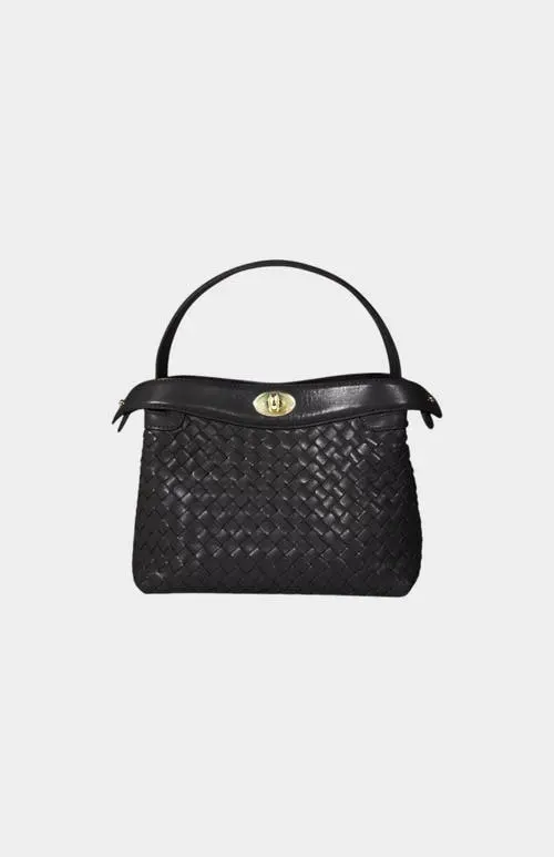 MI BOLSA LONDON Florence Genuine Woven Nappa Leather Top Handle Bag - Black