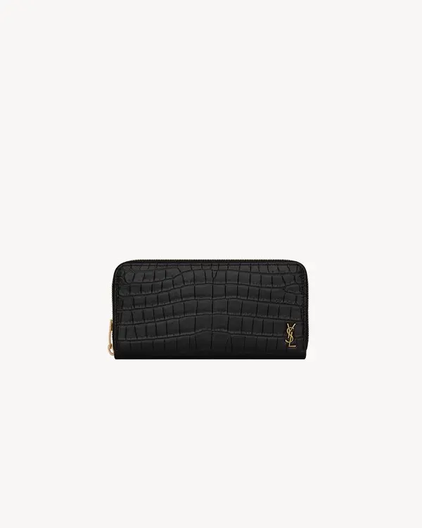 Saint Laurent Tiny Cassandre Zip-around Wallet In Crocodile-embossed Matte Leather - Black