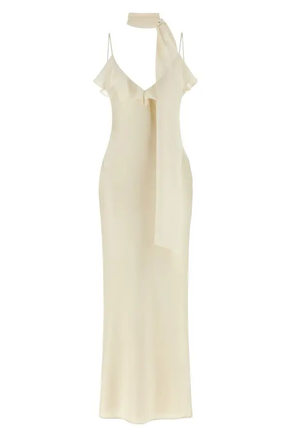 ROTATE BY BIRGER CHRISTENSEN V-neck Ruffled Slip Dress With Integrated Scarf - White