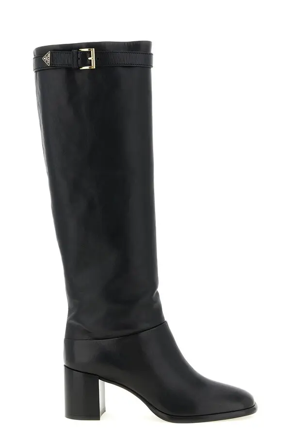 Prada High Boots With Buckle And Logo - Black