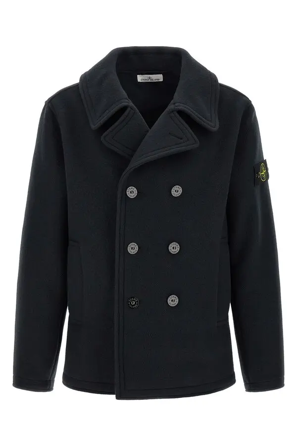 Stone Island Double-breasted Coat With Logo Badge