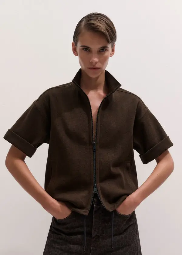 ME+EM Relaxed Zip Through Top - Black/chocolate