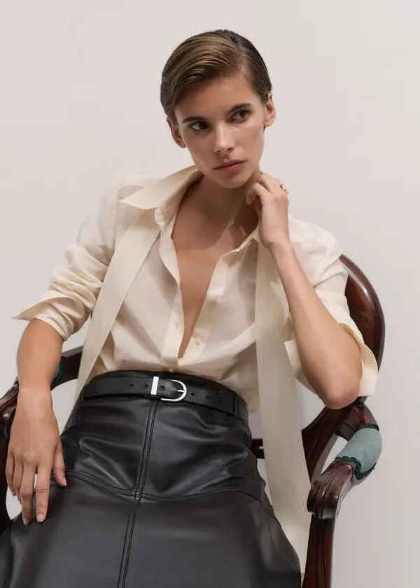 ME+EM Silk Cotton Cloud Layering Shirt With Neck Tie Detail - Cream