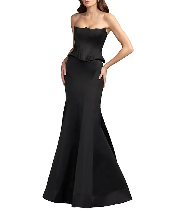 Mac Duggal Strapless Satin Corset Peplum Gown - Black