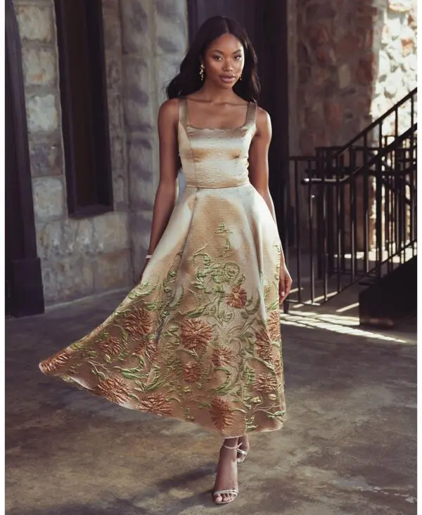 Mac Duggal Floral Brocade A-line Midi Dress