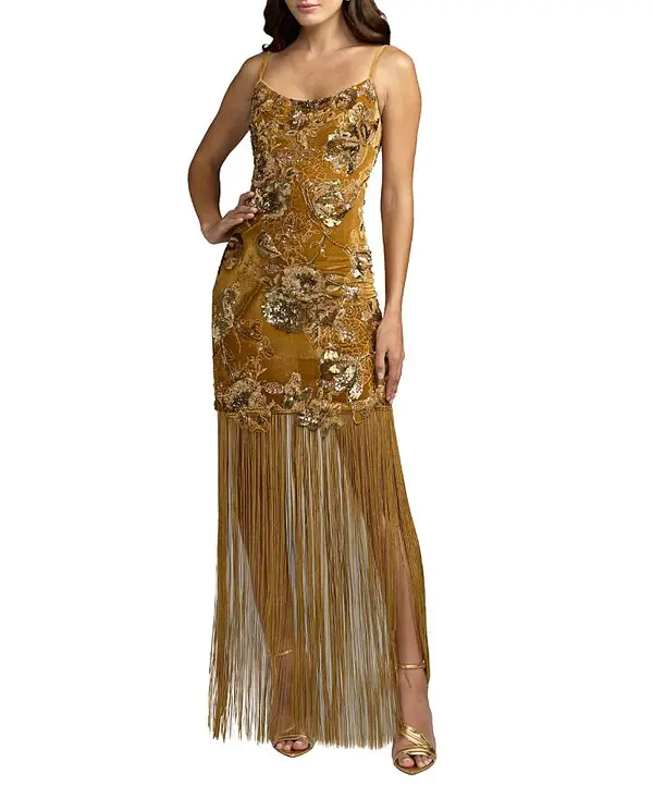 Mac Duggal Embellished Fringe Hem Velvet Mini Dress - Gold
