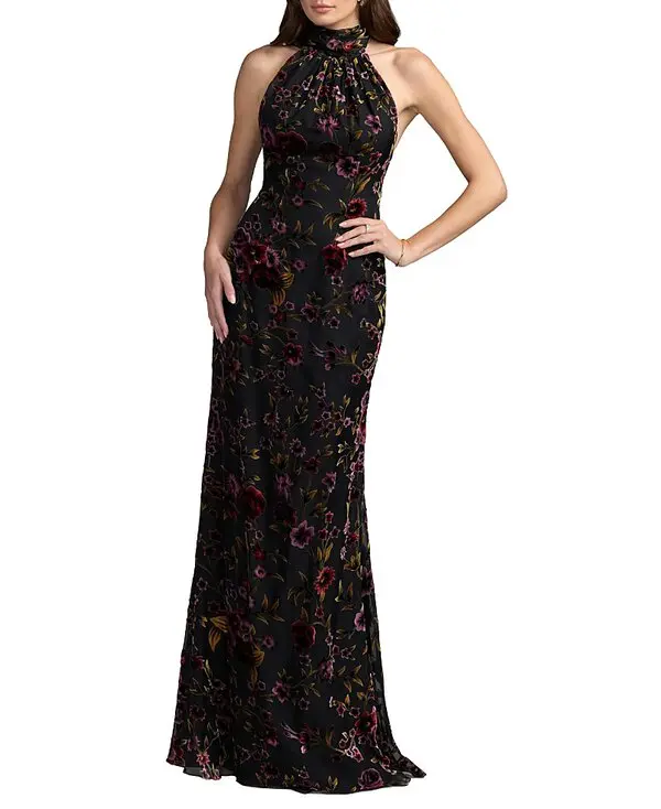 Mac Duggal Sleeveless Velvet Halter Neck Gown With Drape - Black Multi