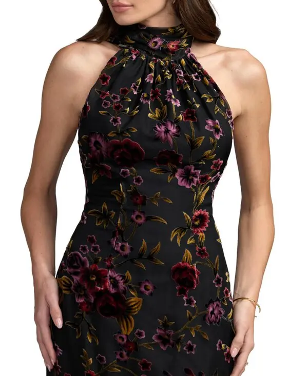Mac Duggal Sleeveless Velvet Halter Neck Gown With Drape
