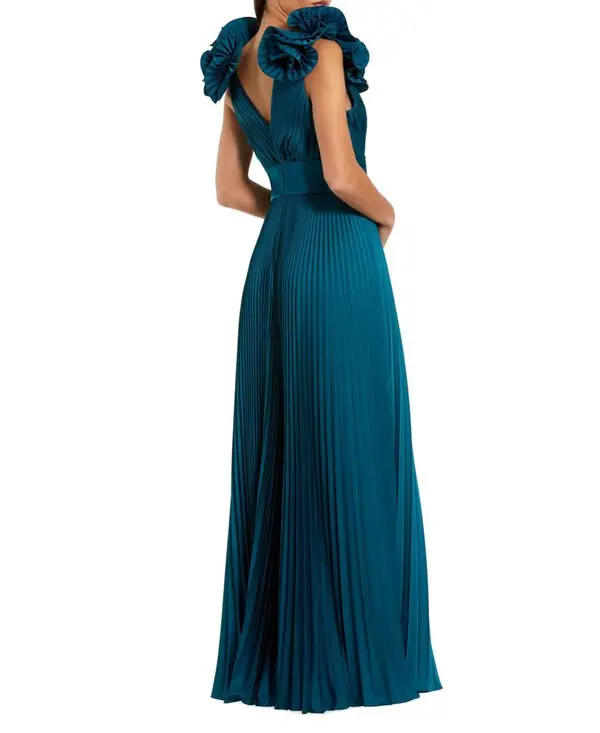 Mac Duggal Pleated Charmeuse V-neck Gown With Ruffle Detail