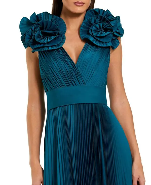 Mac Duggal Pleated Charmeuse V-neck Gown With Ruffle Detail