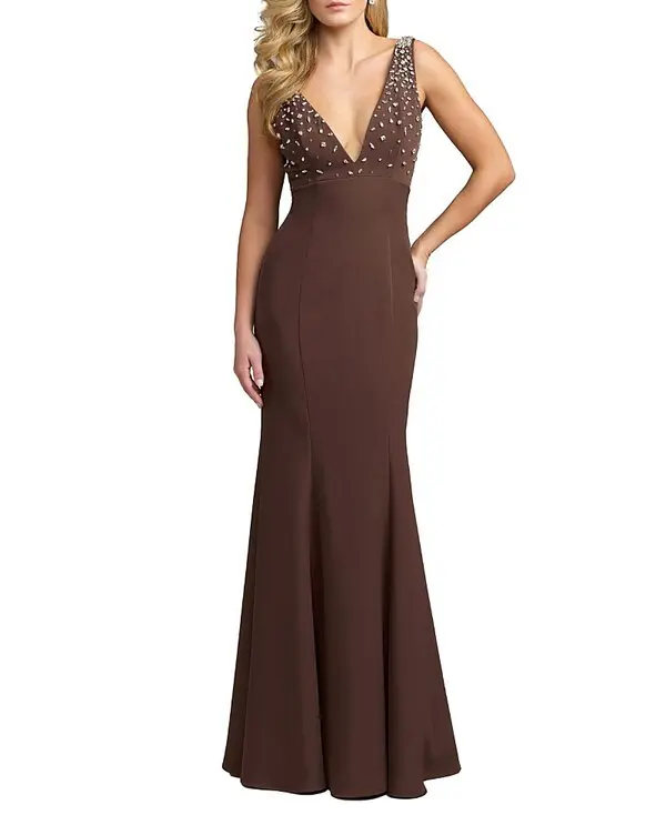 Mac Duggal Embellished Crepe Sleeveless V-neck Gown - Chocolate