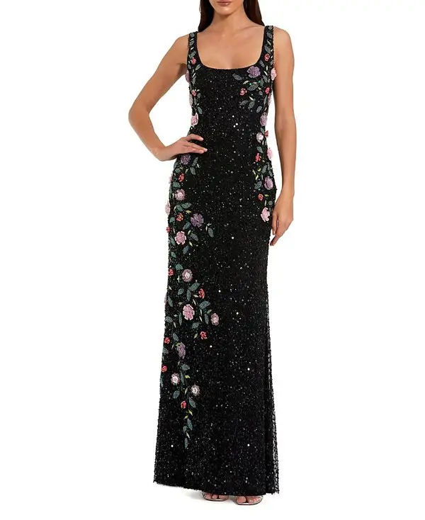 Mac Duggal Petite Floral Beaded Scoop Neck Sleeveless Gown - Black Multi