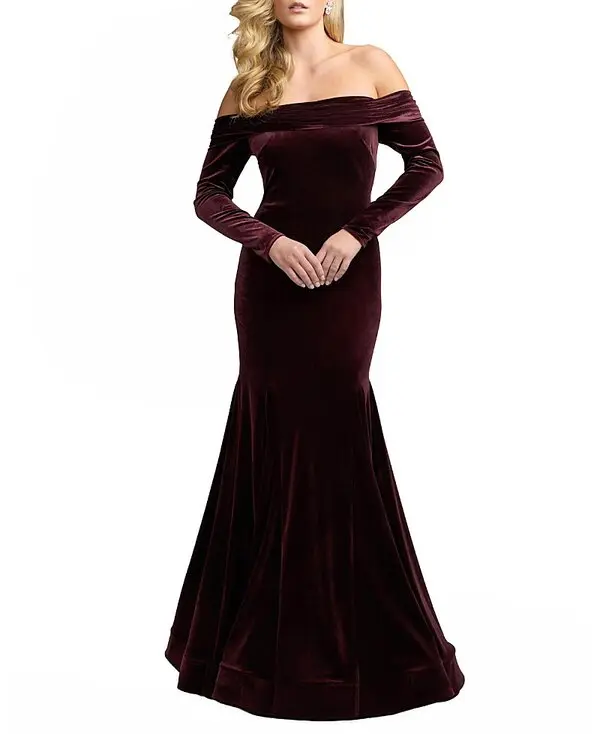 Mac Duggal Velvet Off The Shoulder Long Sleeve Mermaid Gown - Wine