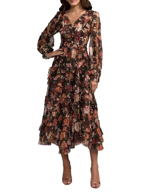 Mac Duggal Floral Long Sleeve Mirco Ruffle Midi Dress - Chocolate Multi