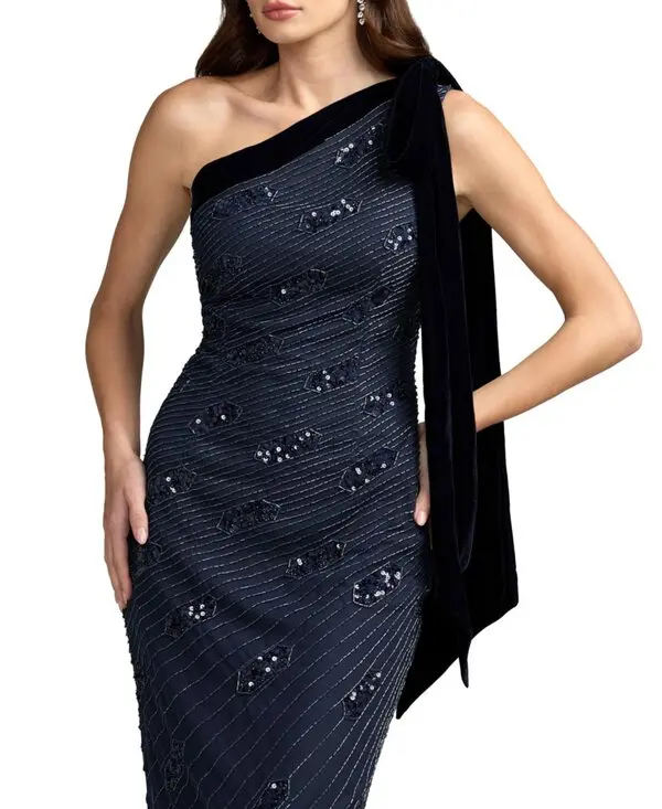 Mac Duggal Embellished One Shoulder Gown With Velvet Bow