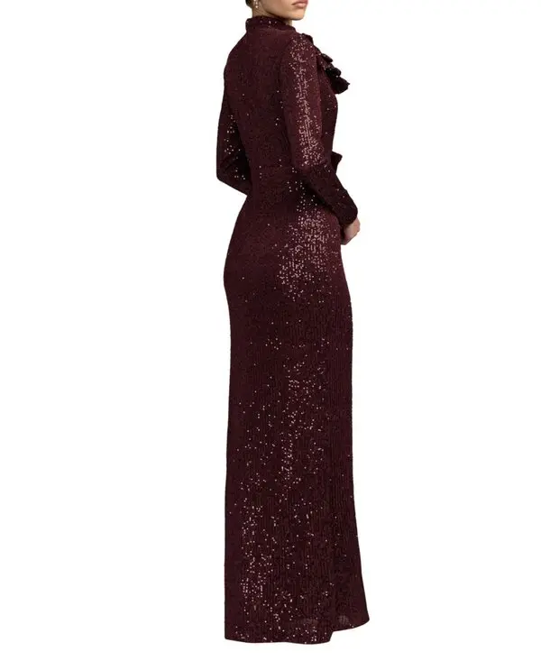 Mac Duggal Long Sleeve Flower Detail Sequin Gown