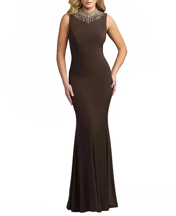 Mac Duggal Sleeveless Rhinestone Embellished High Neck Gown - Chocolate