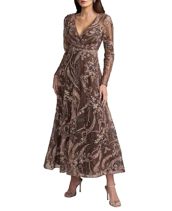 Mac Duggal Floral Embroidered 3/4 Sleeve V Neck Midi Dress - Chocolate