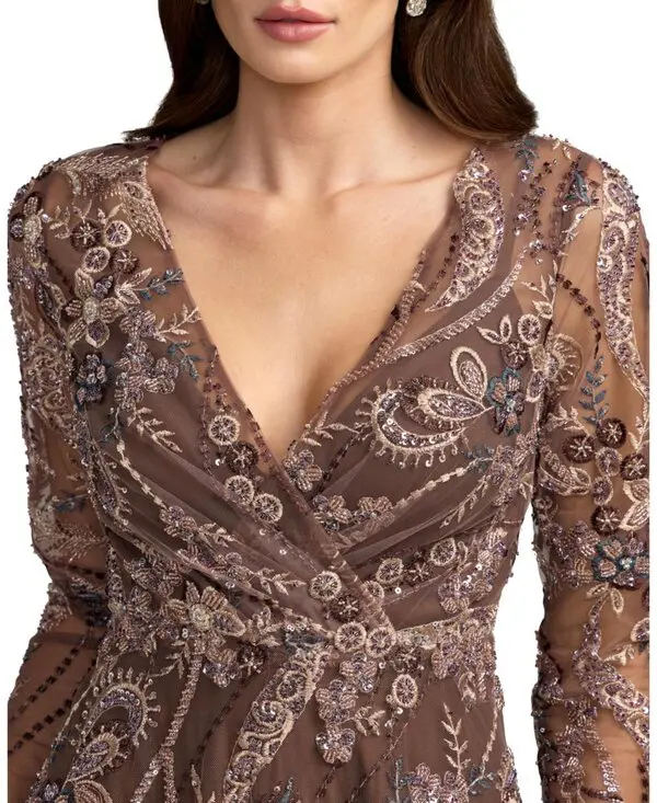 Mac Duggal Embroidered V-neck Midi Dress - Chocolate