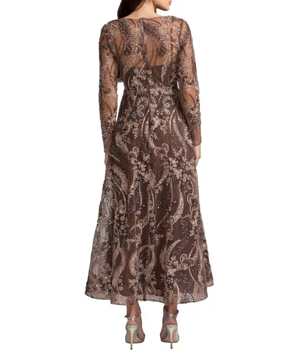 Mac Duggal Embroidered V-neck Midi Dress - Chocolate