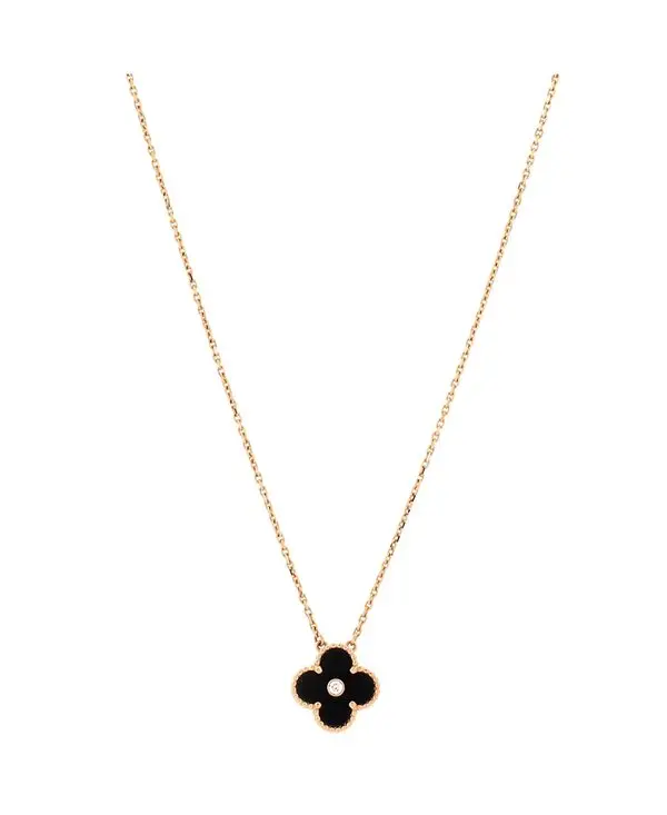 VAN CLEEF & ARPELS Vintage Alhambra Pendant Necklace 18k Rose Gold And Onyx With Diamond, 16.75 - Pink