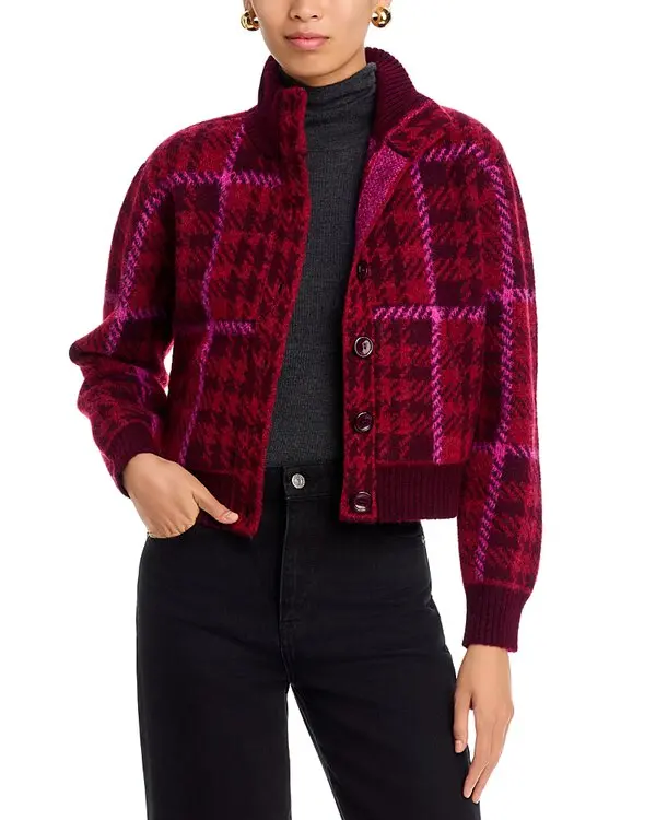 Aqua Houndstooth Plaid Button-front Cardigan