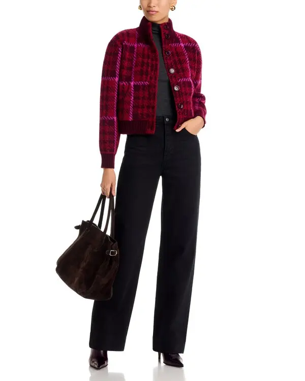 Aqua Houndstooth Plaid Button-front Cardigan