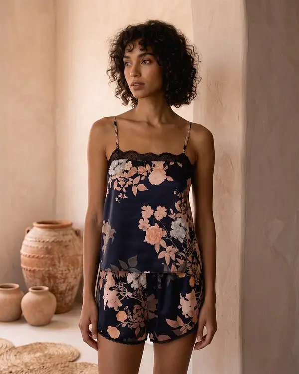 MIDNIGHT BAKERY Stretch Satin Camisole & Shorts Set