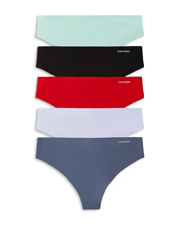 Calvin Klein Invisibles Microfiber Stretch Thong, Pack Of 5 - Black/blue/gris/go/crm