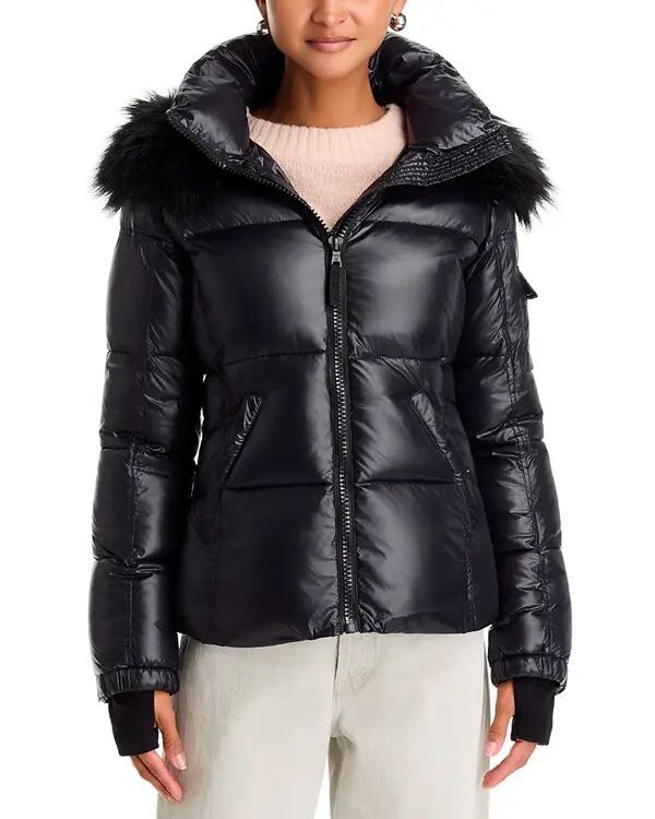 Aqua Gloss Faux Fur Trim Hooded Puffer Coat - Jet/black