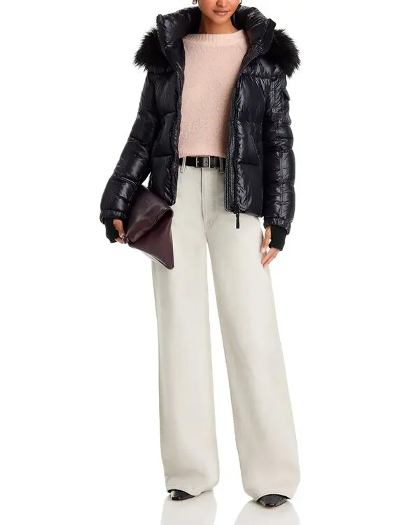 Aqua Gloss Faux Fur Trim Hooded Puffer Coat - Jet/black