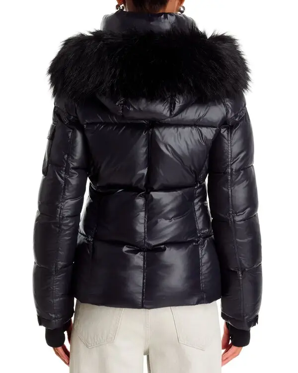 Aqua Gloss Faux Fur Trim Hooded Puffer Coat - Jet/black