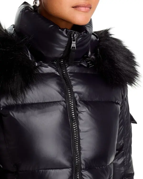 Aqua Gloss Faux Fur Trim Hooded Puffer Coat - Jet/black