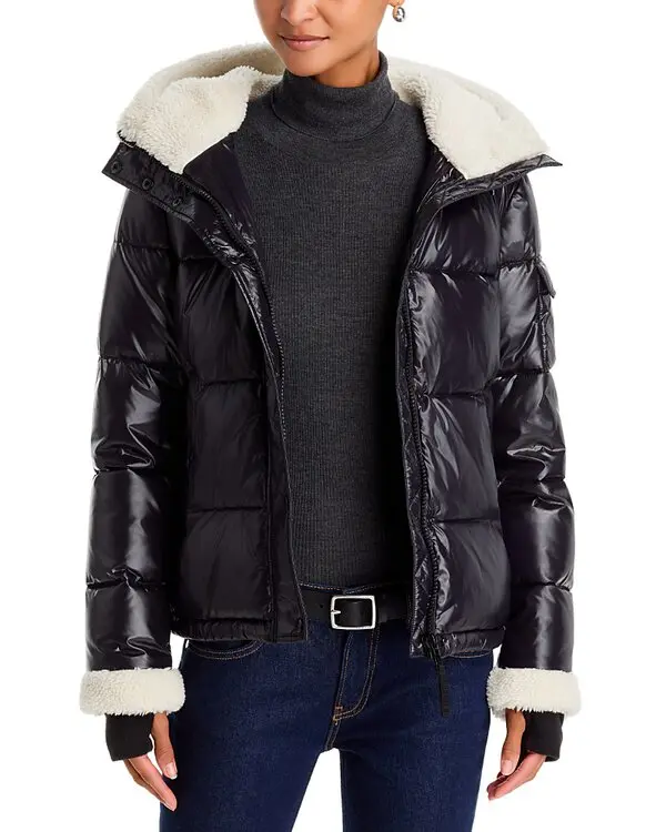 Aqua Sherpa Trim Hooded Gloss Puffer Coat Exclusive