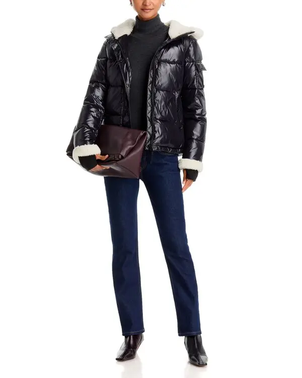 Aqua Sherpa Trim Hooded Gloss Puffer Coat Exclusive