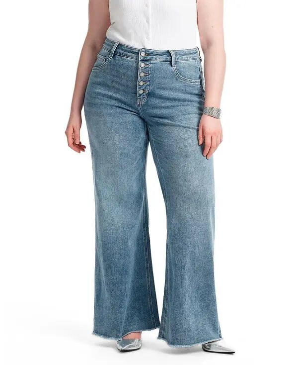 BAYEAS Plus Mid Rise Wide Leg With Frayed Hem Denim Jeans - Light Blue