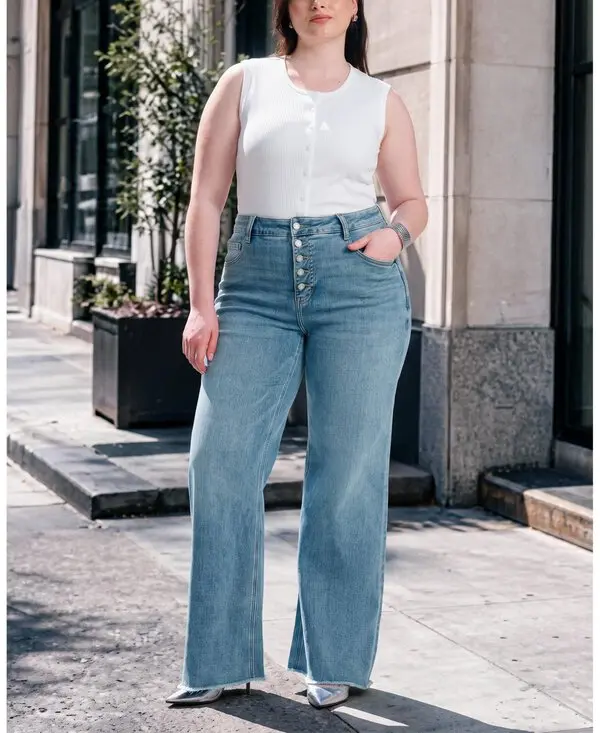 BAYEAS Plus Mid Rise Wide Leg With Frayed Hem Denim Jeans