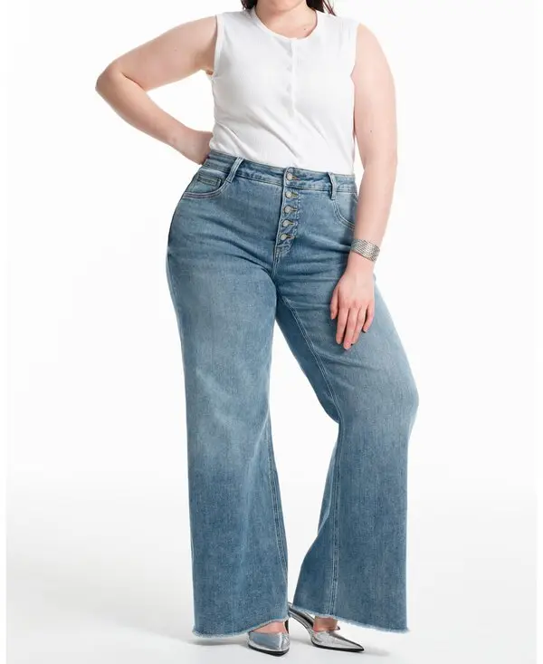 BAYEAS Plus Mid Rise Wide Leg With Frayed Hem Denim Jeans