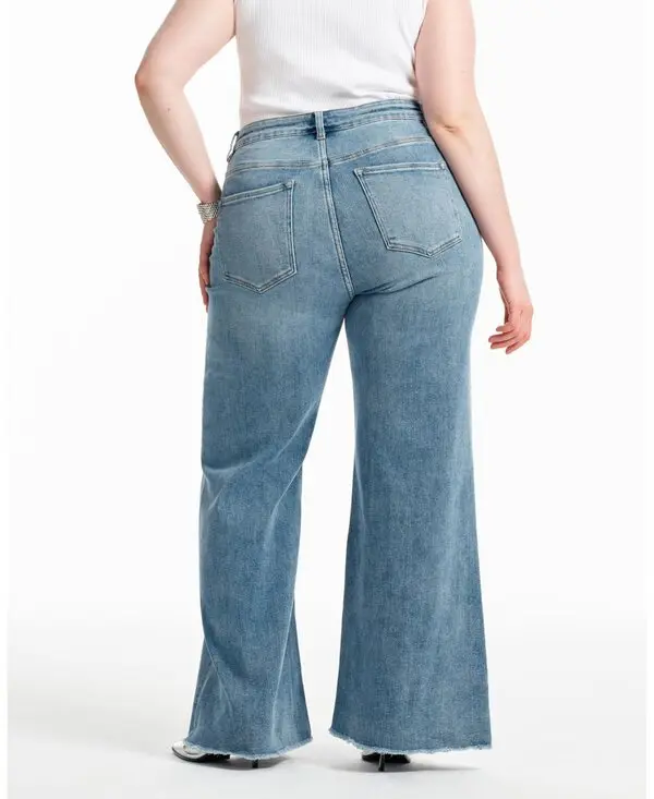 BAYEAS Plus Mid Rise Wide Leg With Frayed Hem Denim Jeans