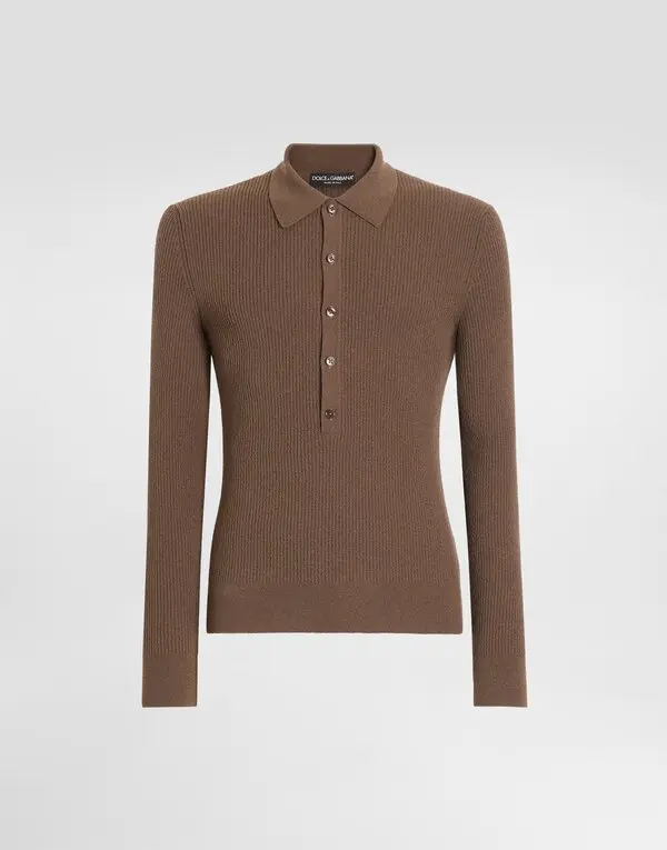 Dolce & Gabbana Ribbed Wool Polo Shirt - Brown