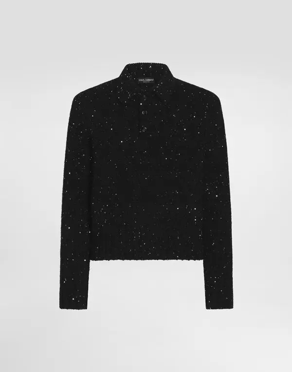 Dolce & Gabbana Knit Polo Shirt With Sequins - Black